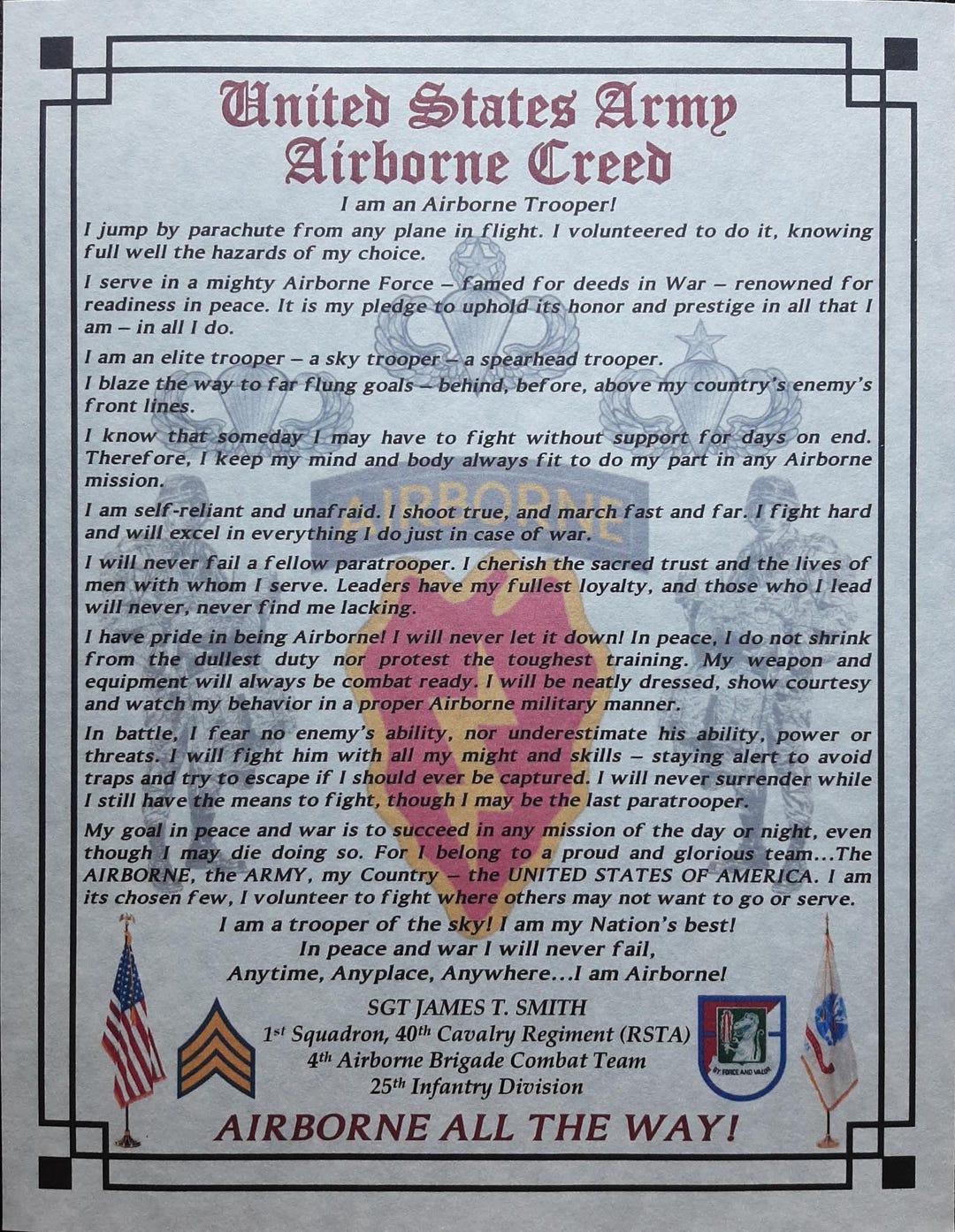 NICE or BETTER U.S. Army Paratrooper Airborne Creed: 4th Brigade 25th ...