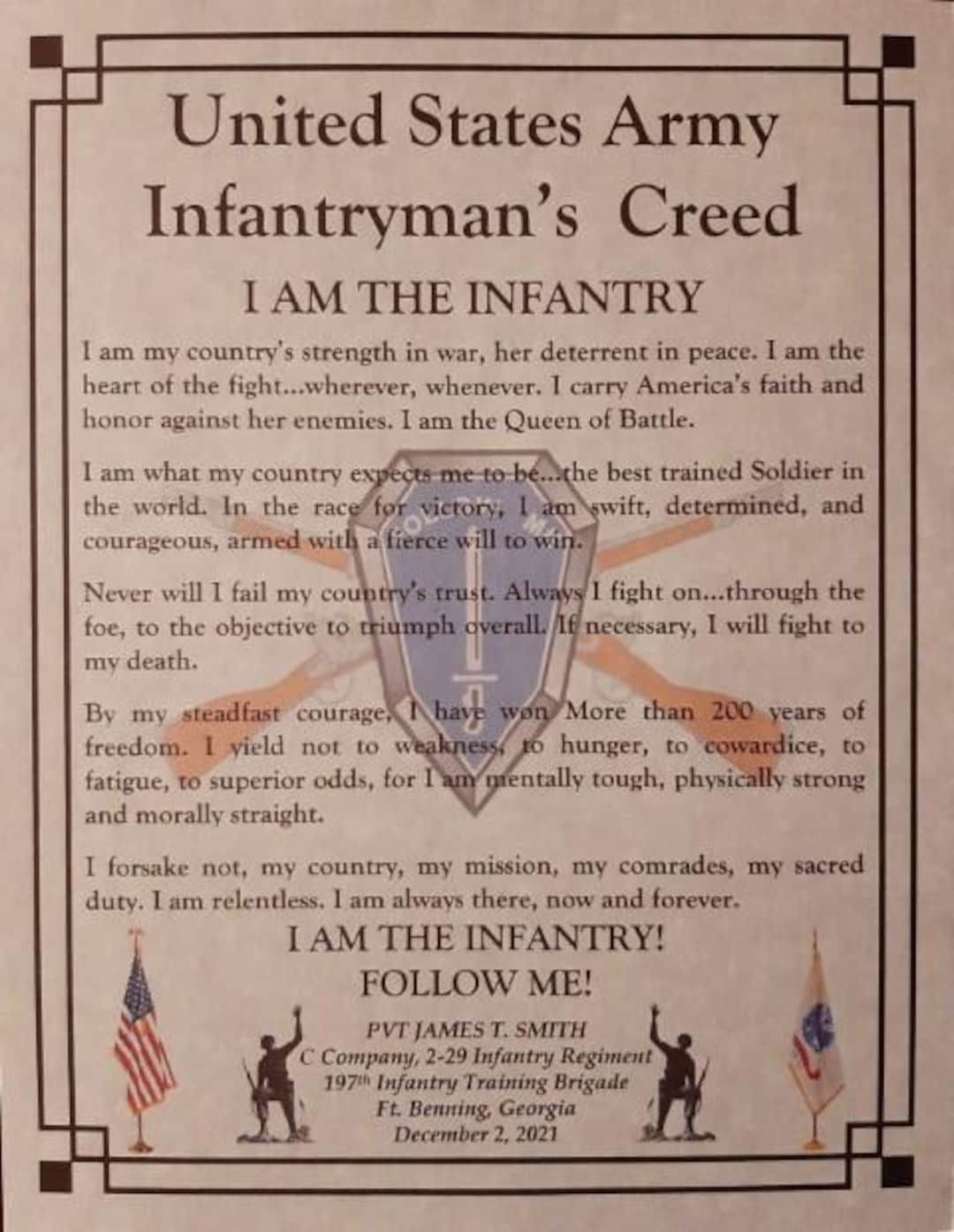 NICE or BETTER U.S. Army Infantryman's Creed PERSONALIZED (with Coin ...