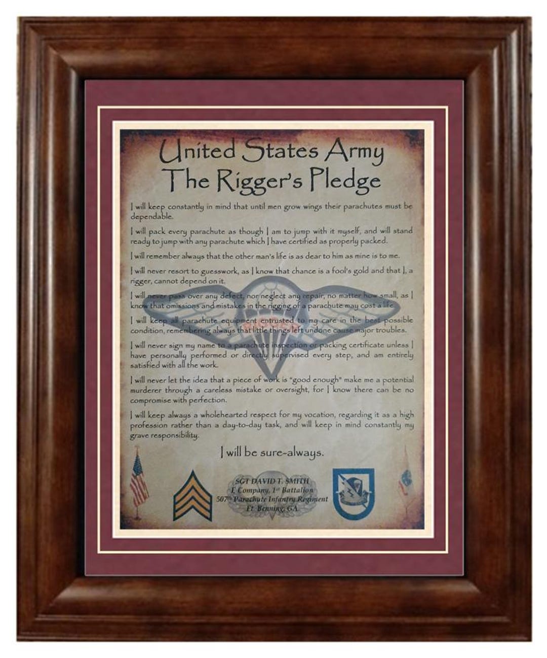BEST U.S. Army Airborne Rigger's Pledge Framed Matted PERSONALIZED ...