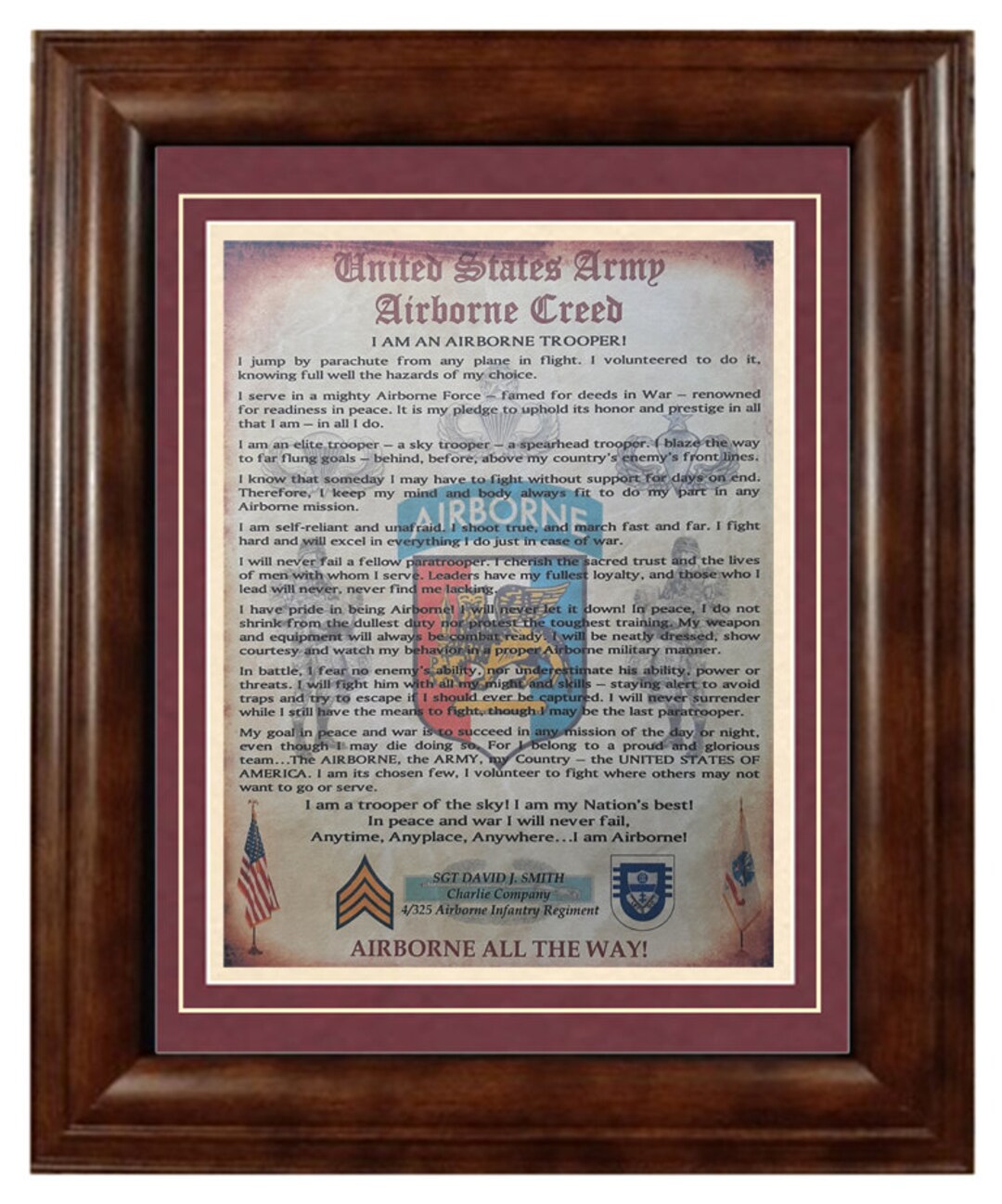 BEST U.S. Army Airborne Creed: SETAF Framed Matted PERSONALIZED With ...