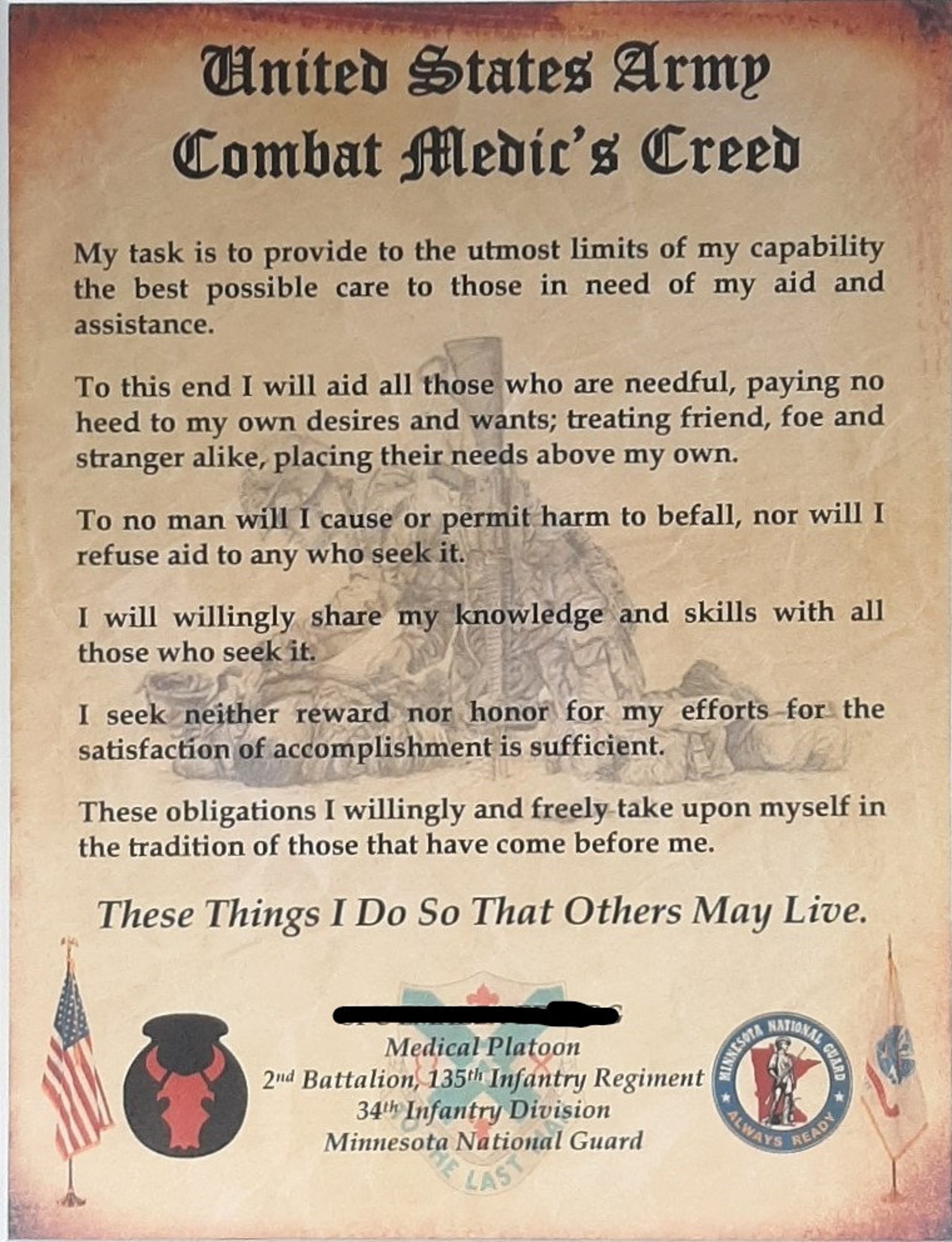 BETTER Army Combat Medic's Creed Aged Parchment | Etsy