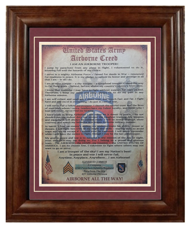 BEST U.S. Army Airborne Creed: 82nd Airborne Division Framed & Matted ...