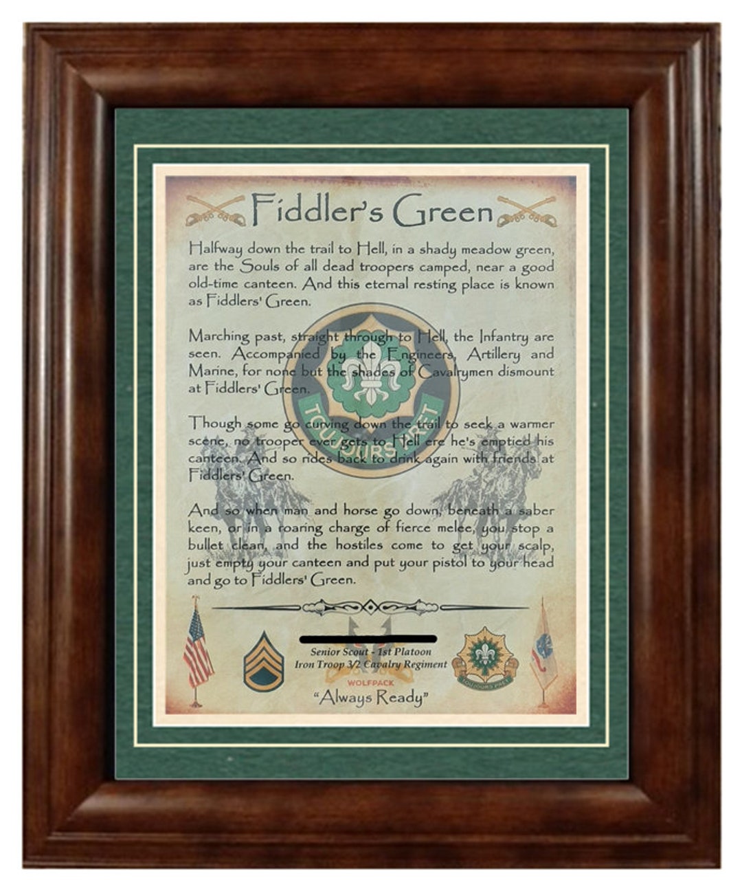 BEST U.S. Army Cavalry Fiddler's Green Aged Parchment Matted ...