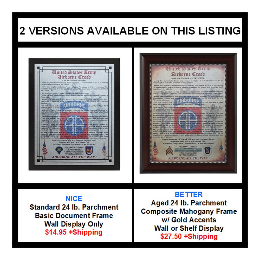 NICE or BETTER U.S. Army Paratrooper Airborne Creed: 82nd Airborne ...