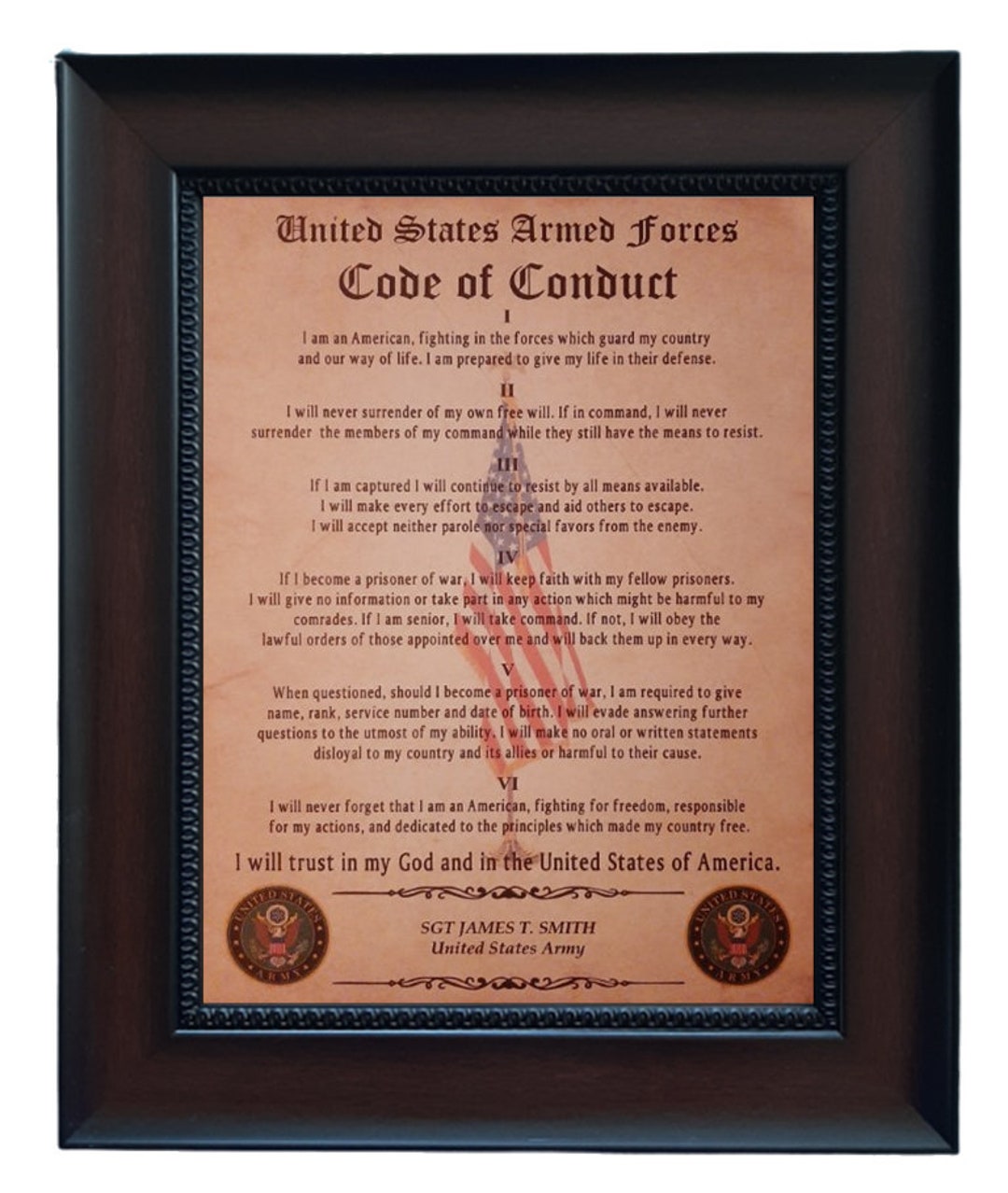 BETTER U.S. Army Code of Conduct Aged Parchment Framed PERSONALIZED ...