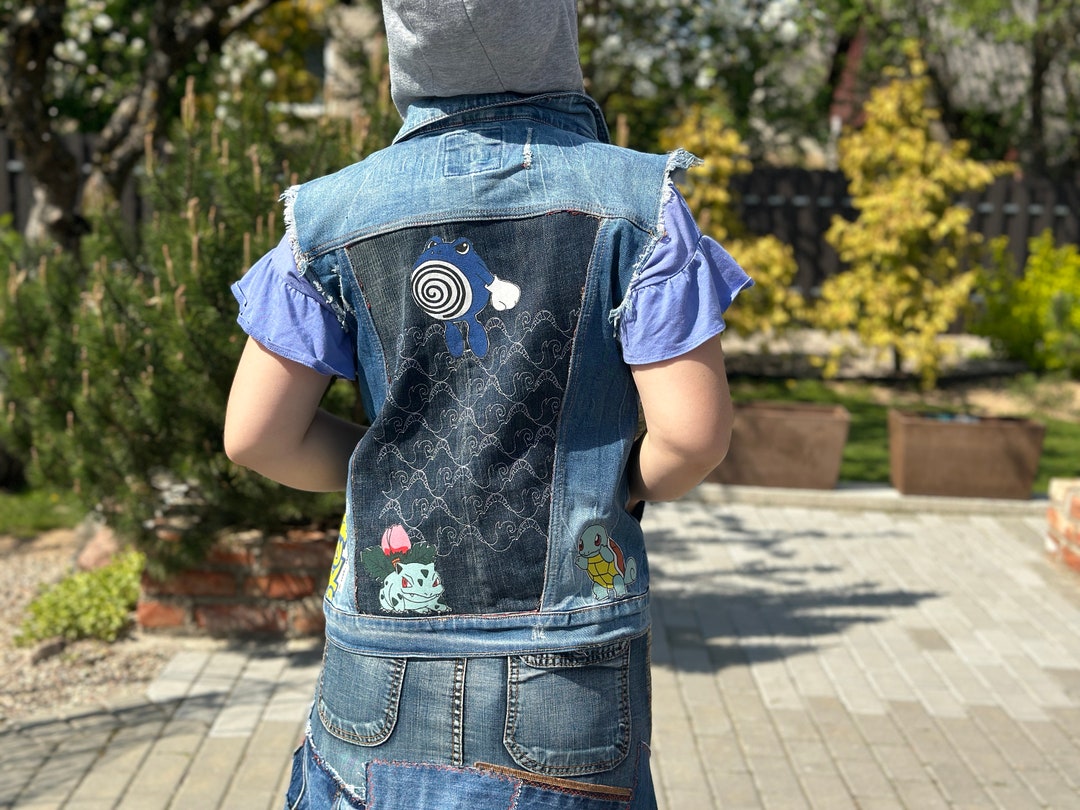 Denim Vest Pokemon Patches Vest Upcycled Hooded Vest - Etsy