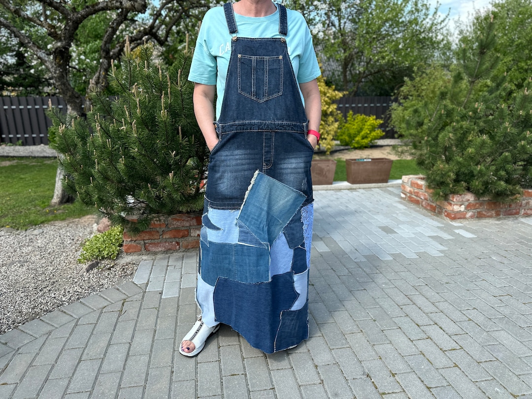 Upcycled Denim Patchwork Overall Blue Long Pinafore Denim Maxi Skirt ...