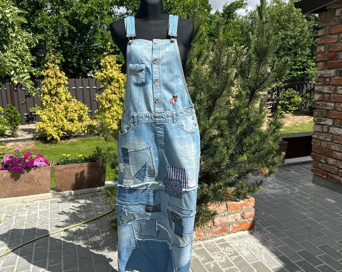 Upcycled Denim Repurposed Clothing Patchwork Overall Handmade Blue Long ...