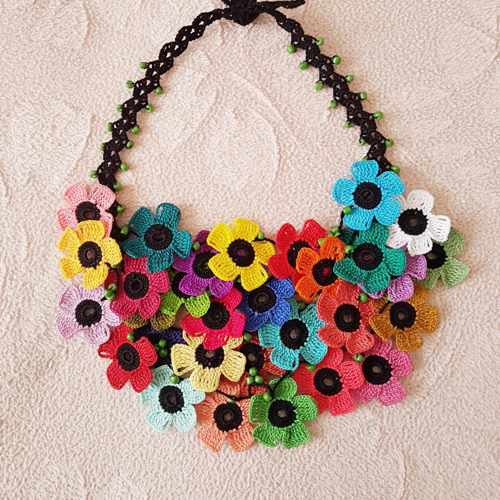 Multicolor Statement Necklace, Beaded Crochet Jewelry, Tropical Flower ...