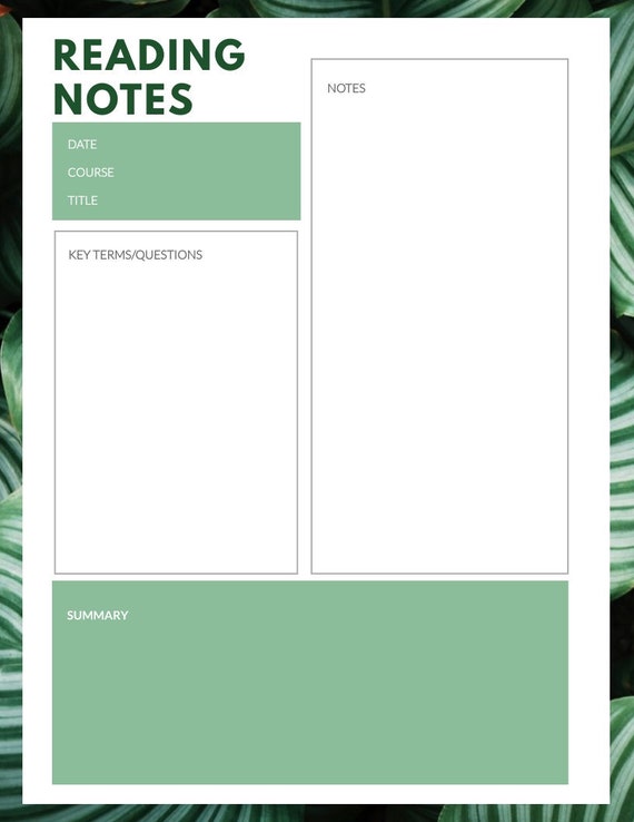 Reading Notes Template Printable | Etsy
