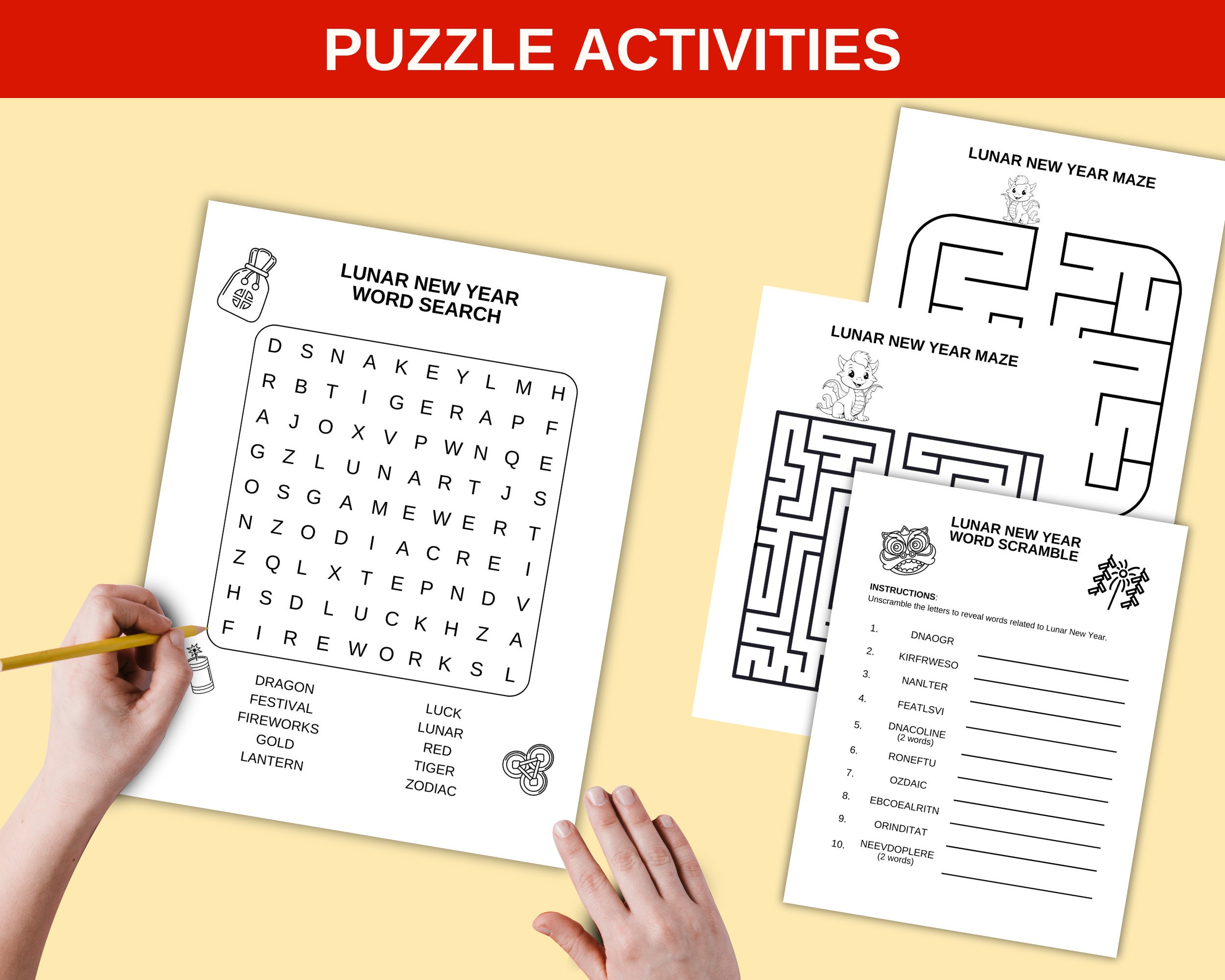 2024 Lunar New Year Activity Bundle: Word Search, Mazes, Coloring Pages ...