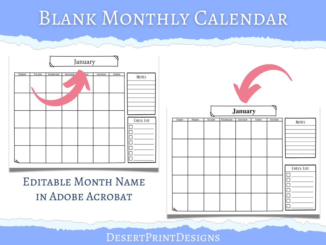 Blank Monthly Calendar Printable Editable Instant Download Landscape ...