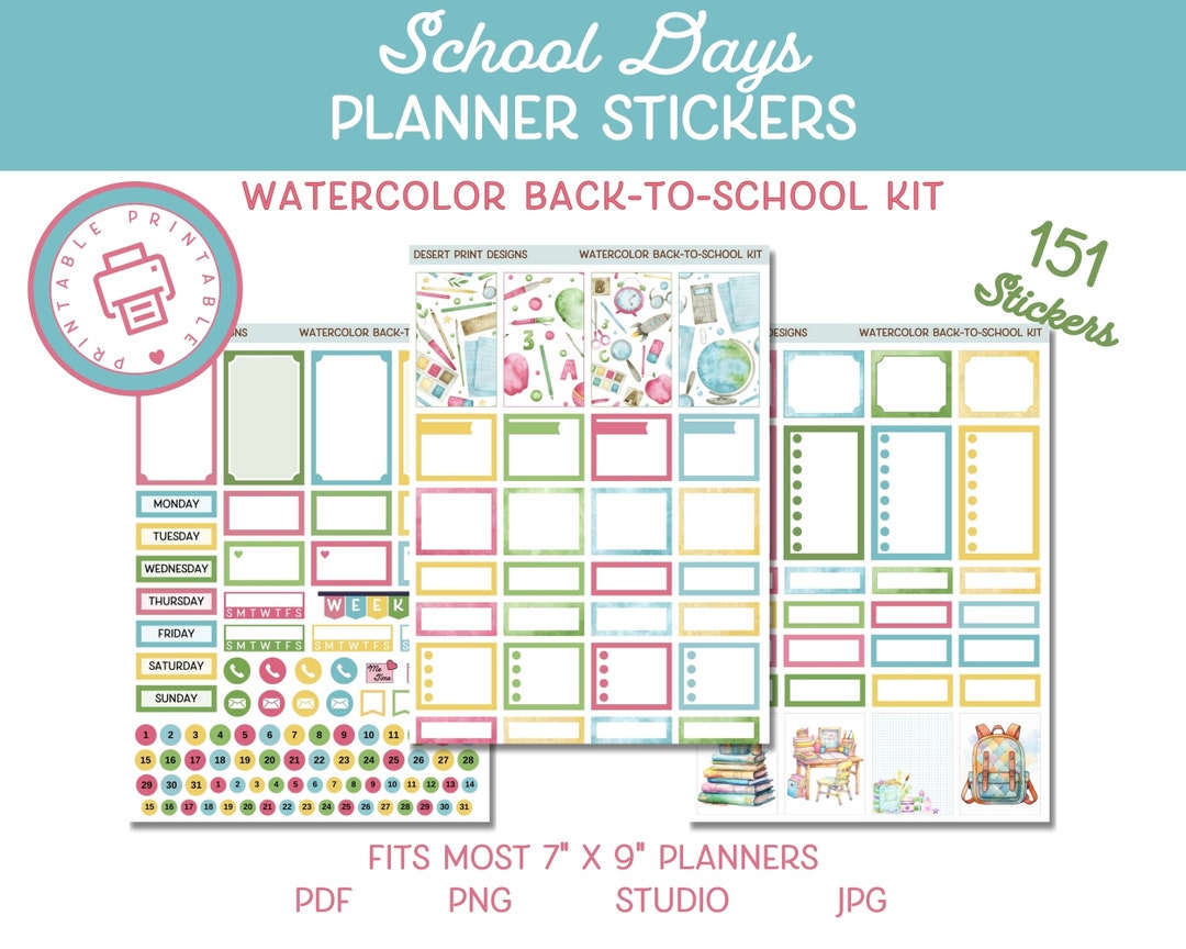 Back-to-school Watercolor Planner Stickers | Printable School Days Kit ...