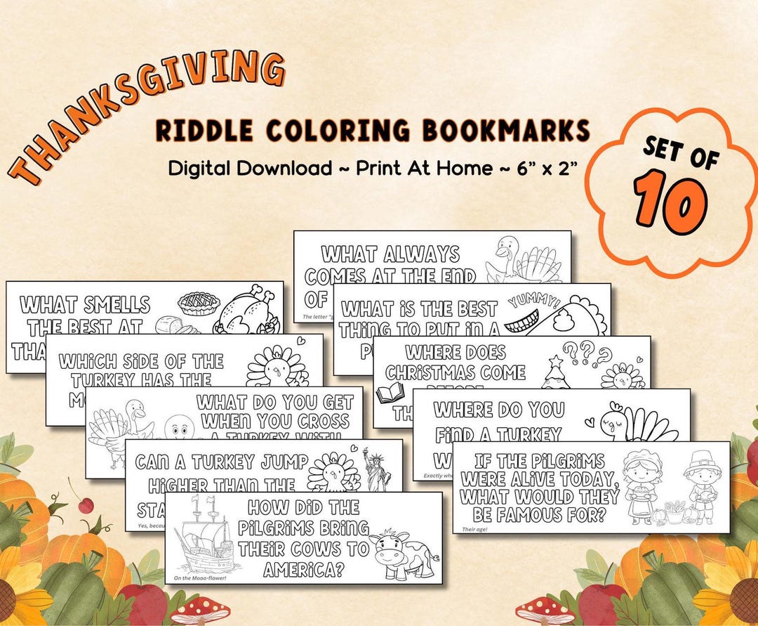 Printable Thanksgiving Riddle Coloring Bookmarks | 2”x6” | Set of 10 ...