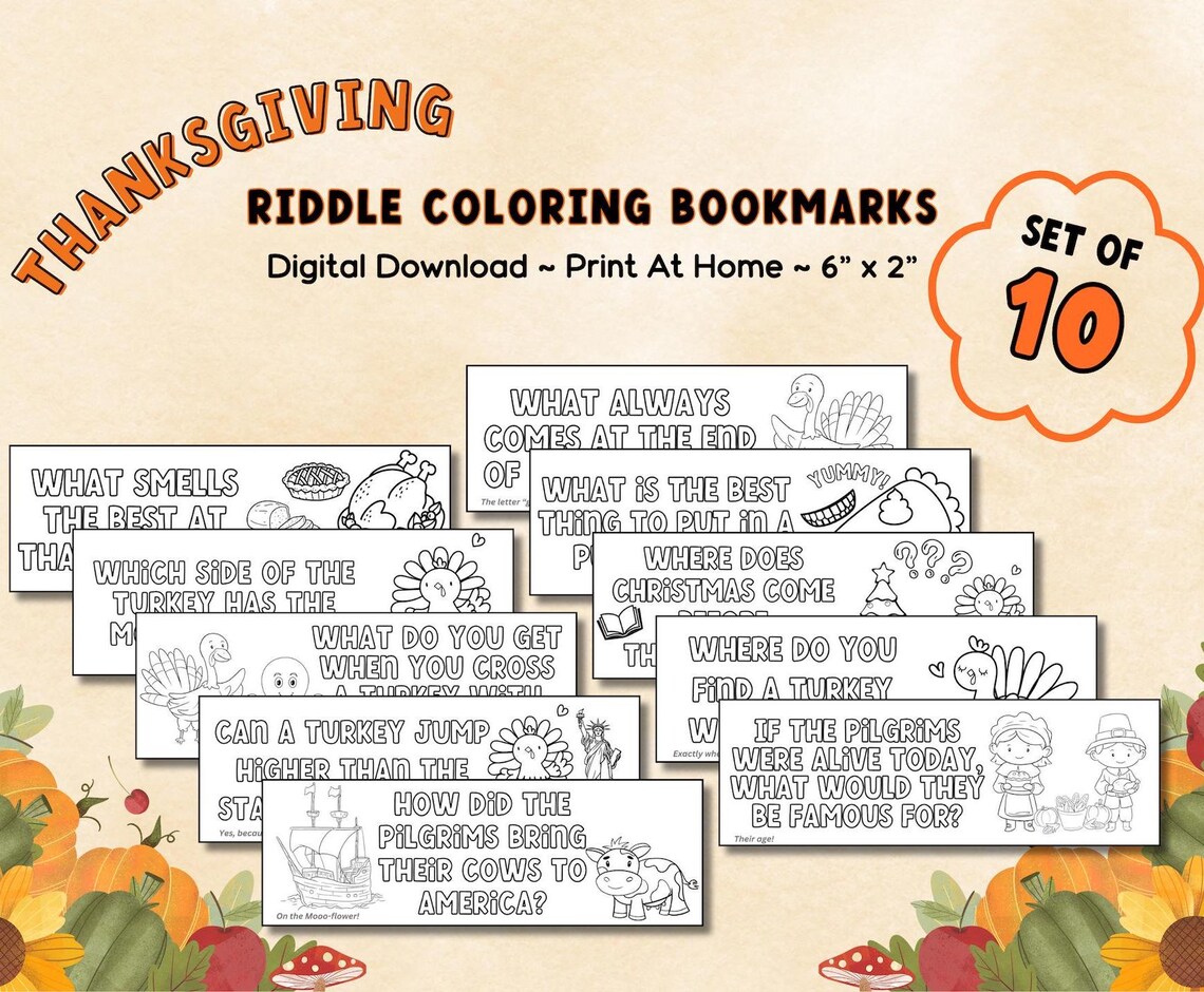 Thanksgiving Riddle Coloring Bookmarks: Fun Kids Activity (PDF) - Etsy