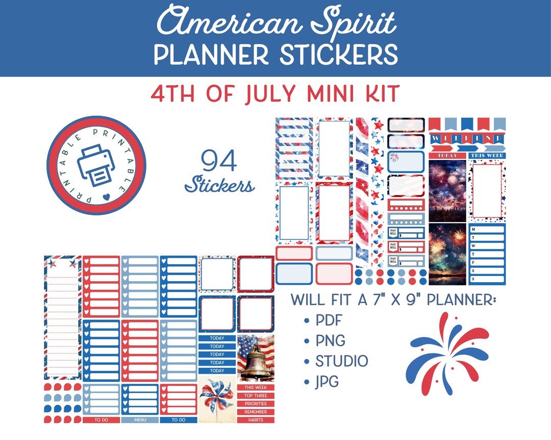 Printable 4TH OF JULY Planner Stickers, Patriotic Planner Stickers ...
