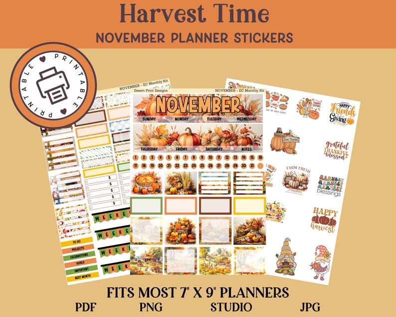 November Planner Stickers: Thanksgiving Theme (PDF, PNG, Studio, JPG ...