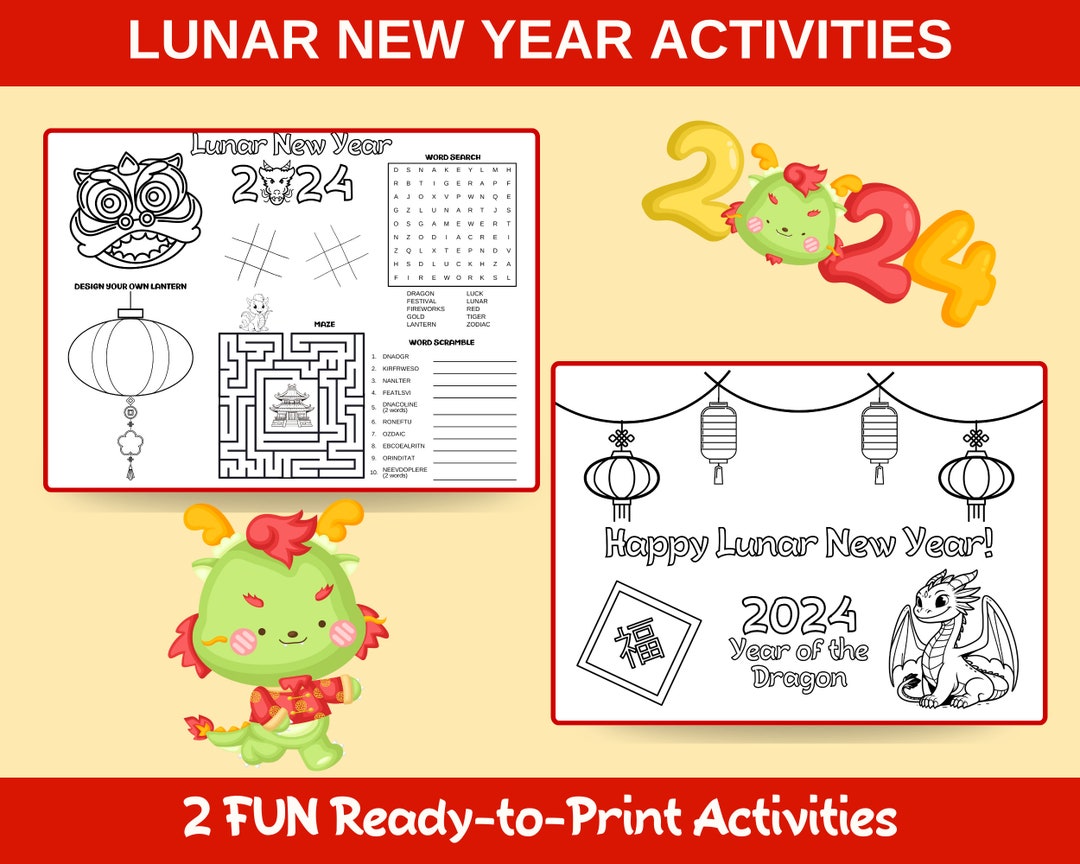 Lunar New Year Activity Placemats: Word Search, Maze, Dragon Coloring ...