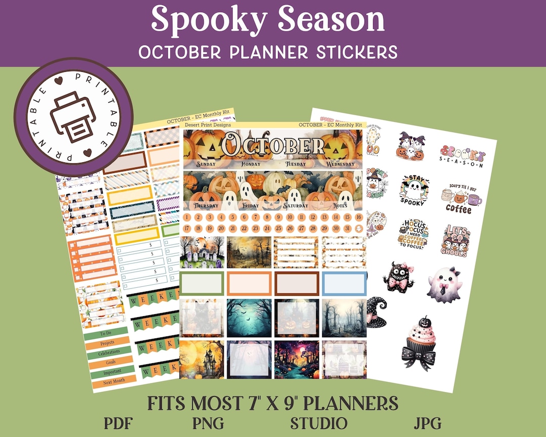 October Planner Stickers: Halloween Theme (PDF, PNG, Studio, JPG) - Etsy