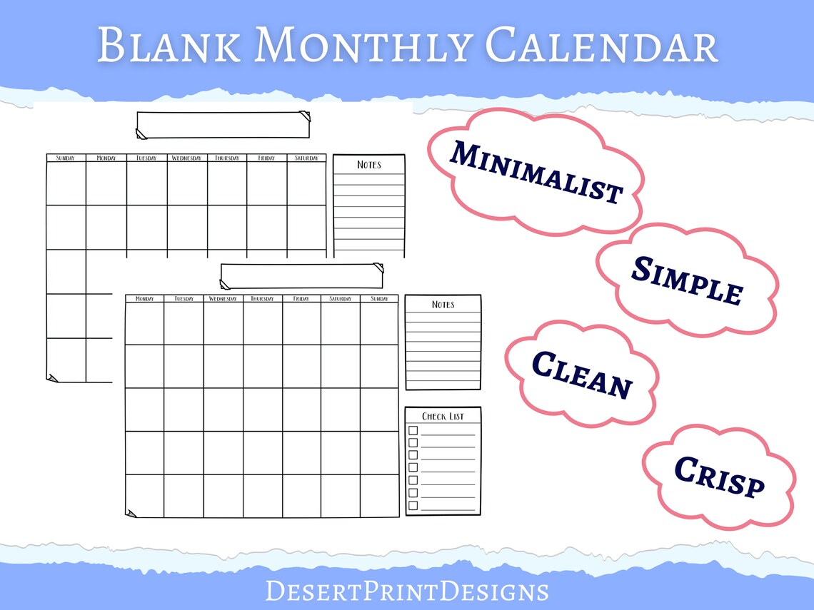 Blank Monthly Calendar Printable Editable Instant Download Landscape ...