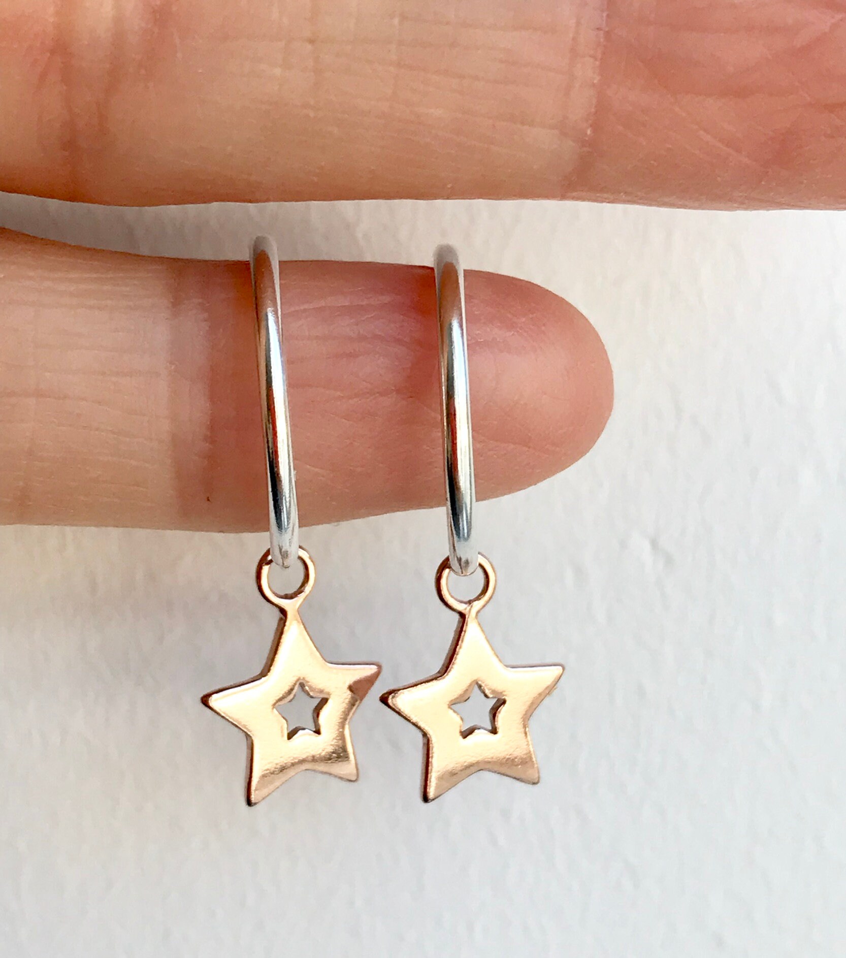 Sterling Silver and Rise Gold Star Hoop Earrings - Etsy