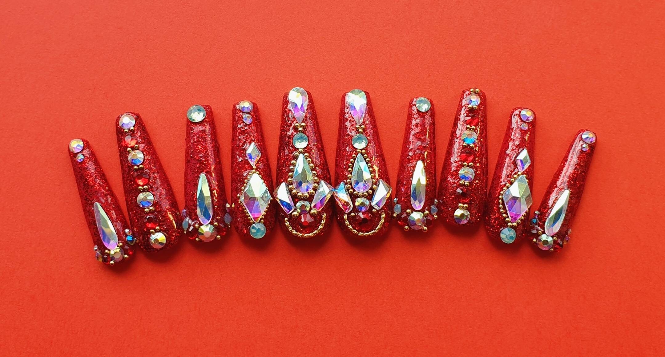Red Glitter Bling Nails Crystalsrhinestones Hand Painted - Etsy