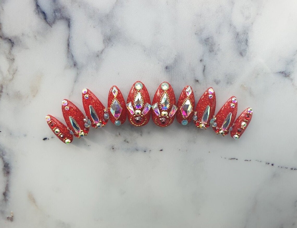 Red Glitter Bling Nails Crystalsrhinestones Hand Painted - Etsy