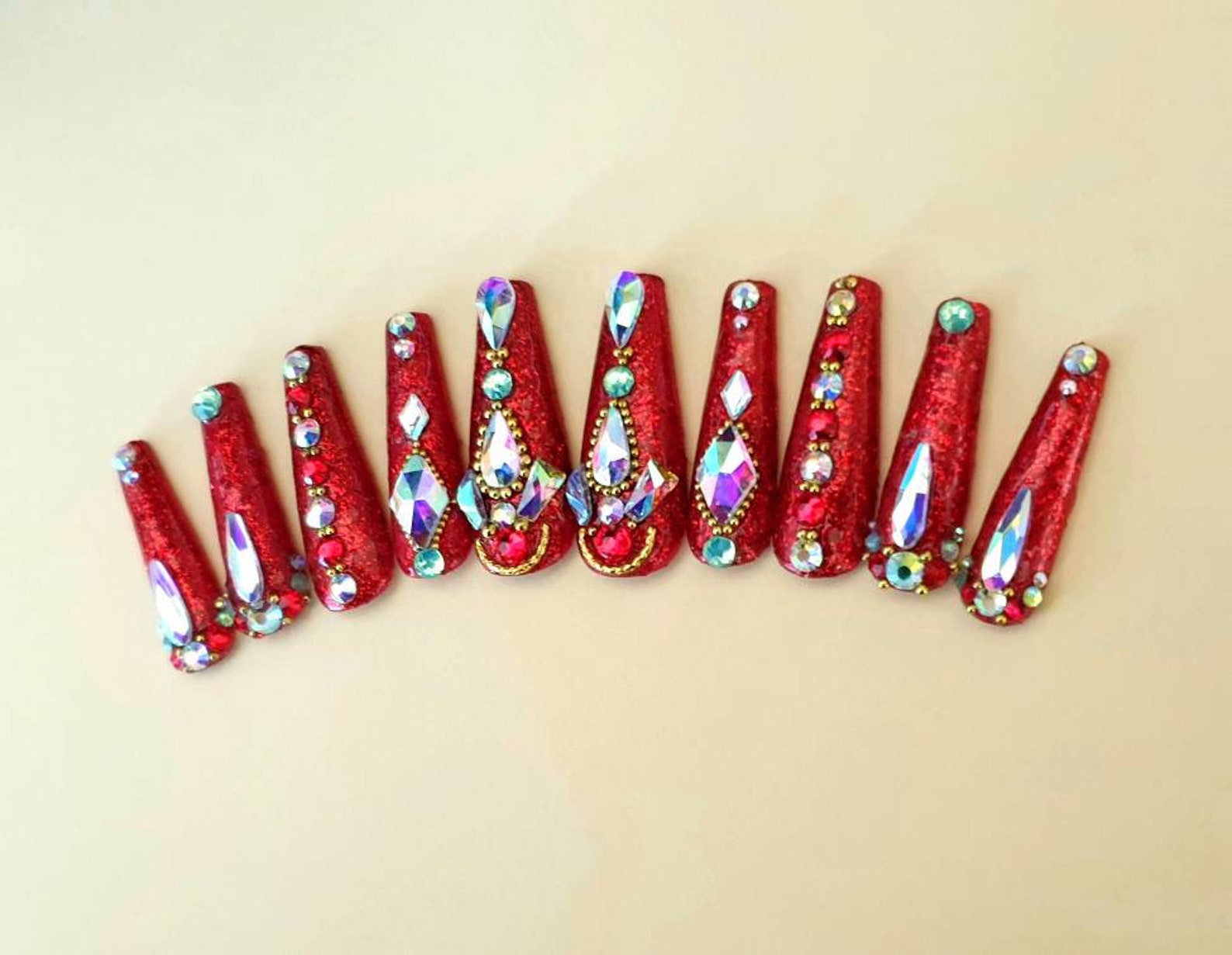 Red Glitter Bling Nails Crystalsrhinestones Hand Painted - Etsy