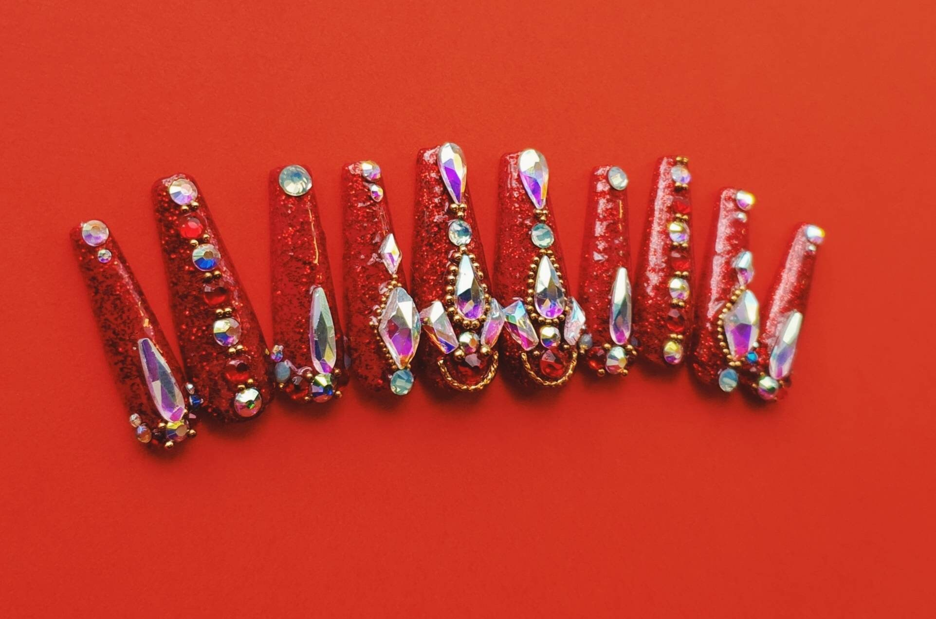 Red Glitter Bling Nails Crystalsrhinestones Hand Painted - Etsy