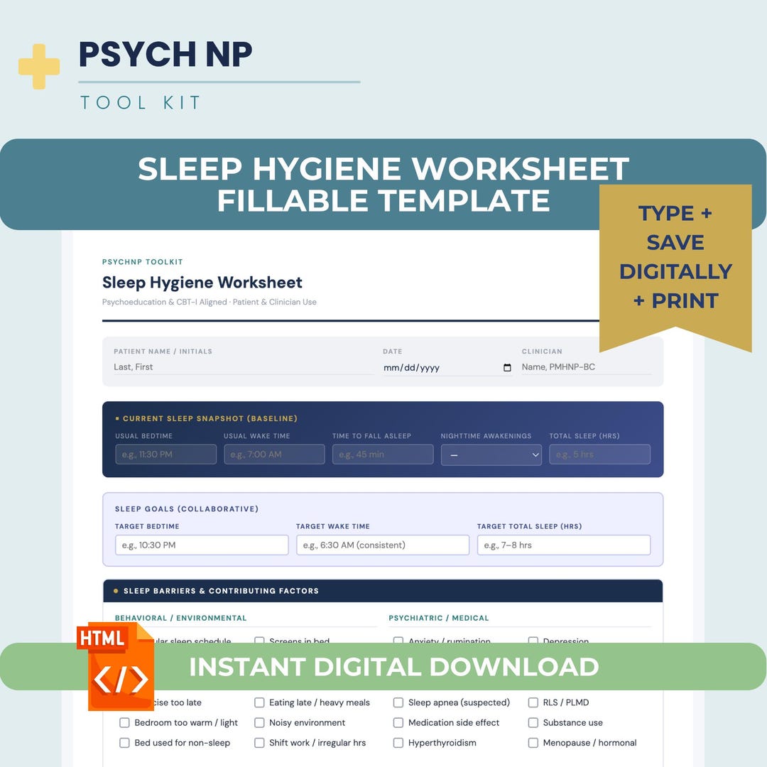 Sleep Hygiene Handout Fillable Template Printable PMHNP Patient ...