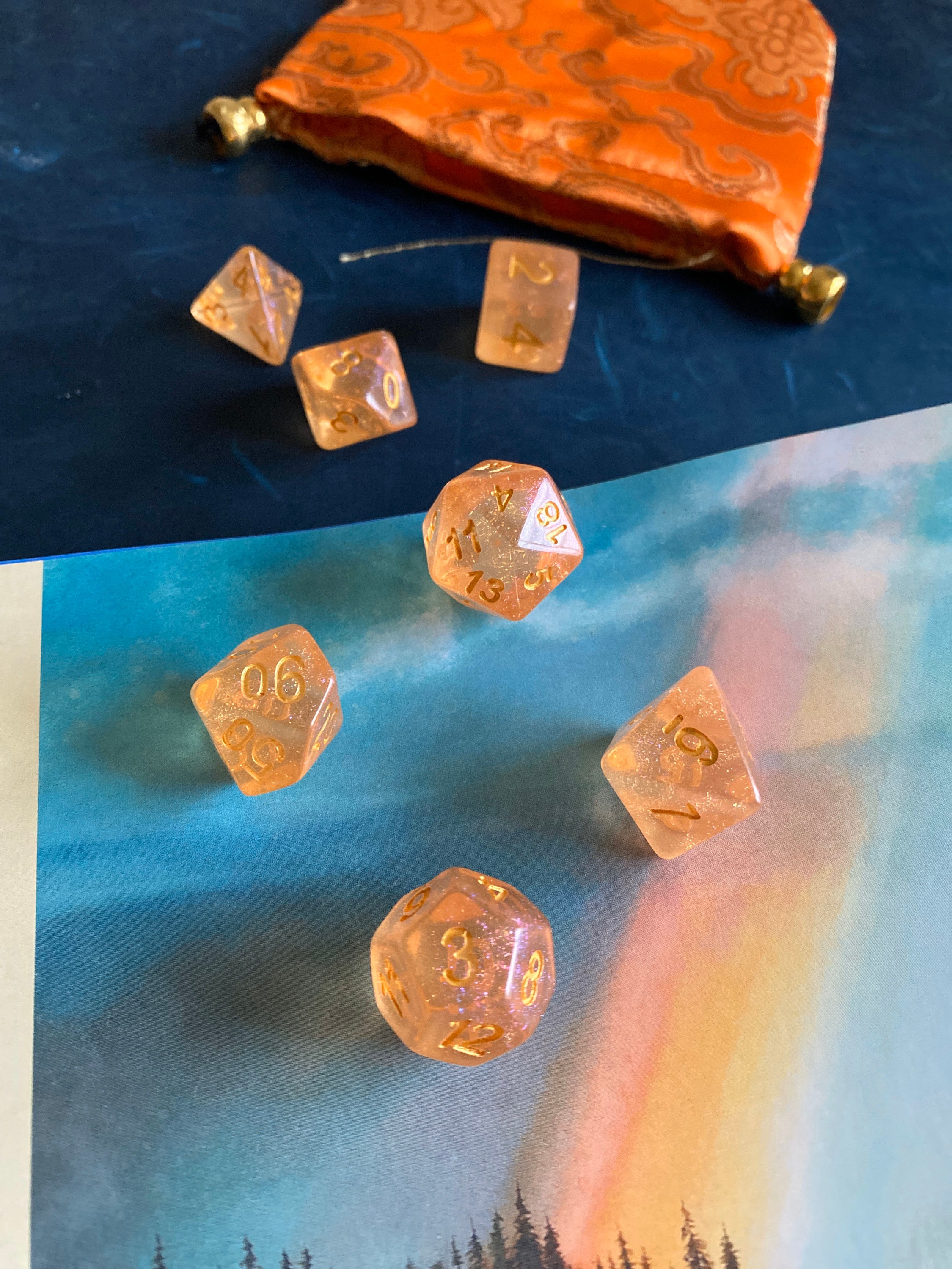 Peach SUNSHINE dnd dice set, Orange and purple D&D DIce SEt, POlyhedral ...
