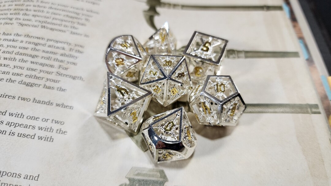 Radiant Shield Metal Dnd Dice Set, Hollow Silver and Gold Metal Dice ...