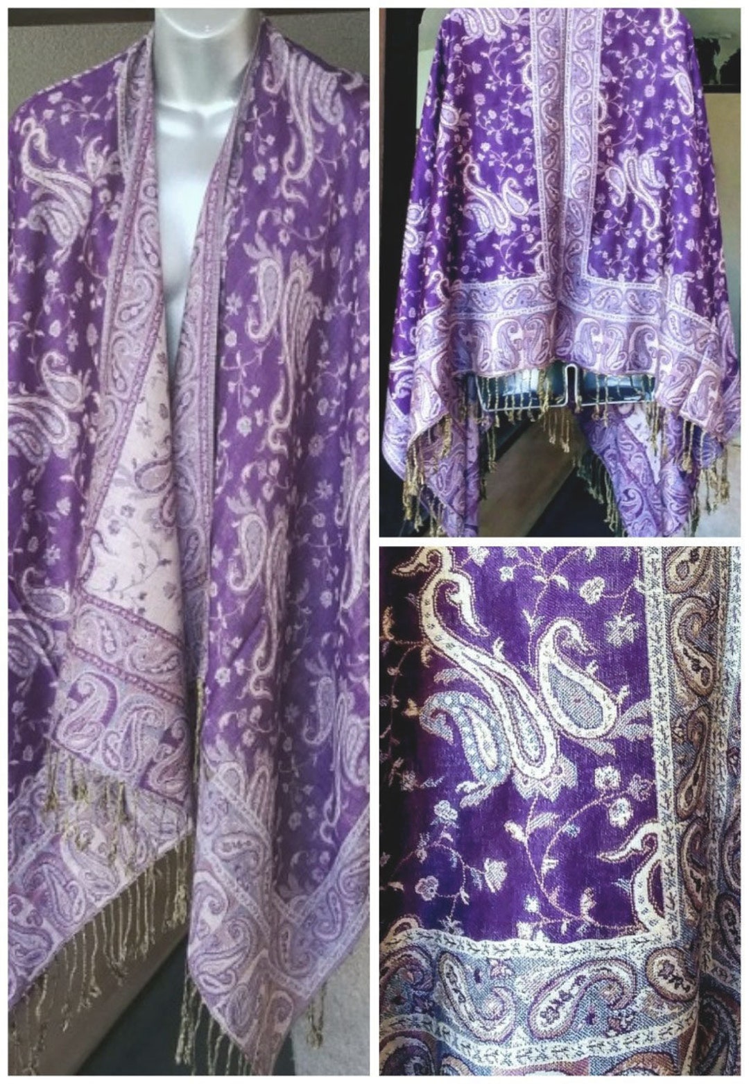 Pashmina Ruana, Wrap, Kimono, Paisley, Fringe, Purple, Ivory, Wool Silk ...