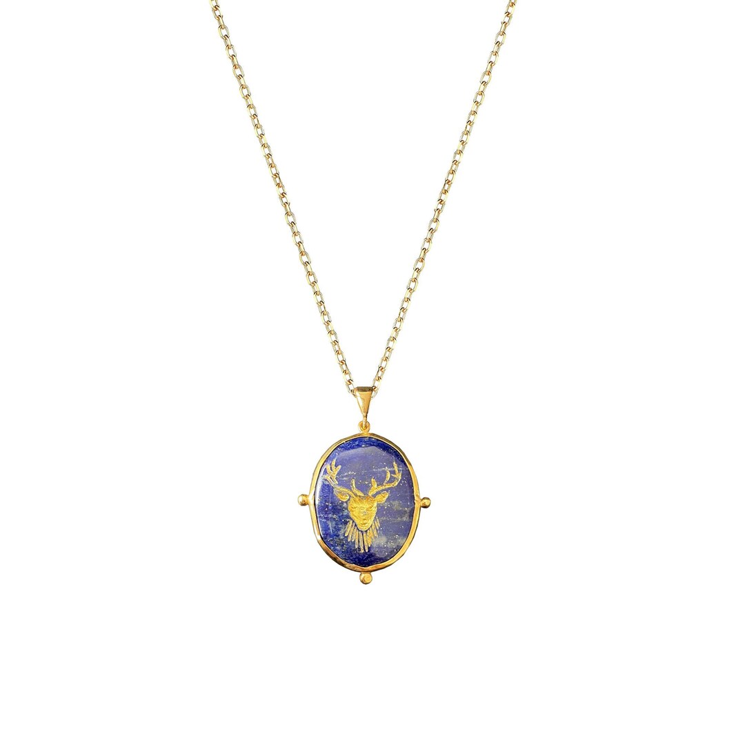 Hand Engraved Deer Necklace on Lapis Lazuli - Etsy