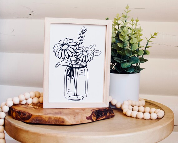 Floral Mason Jar Line Art Framed Sign - Etsy