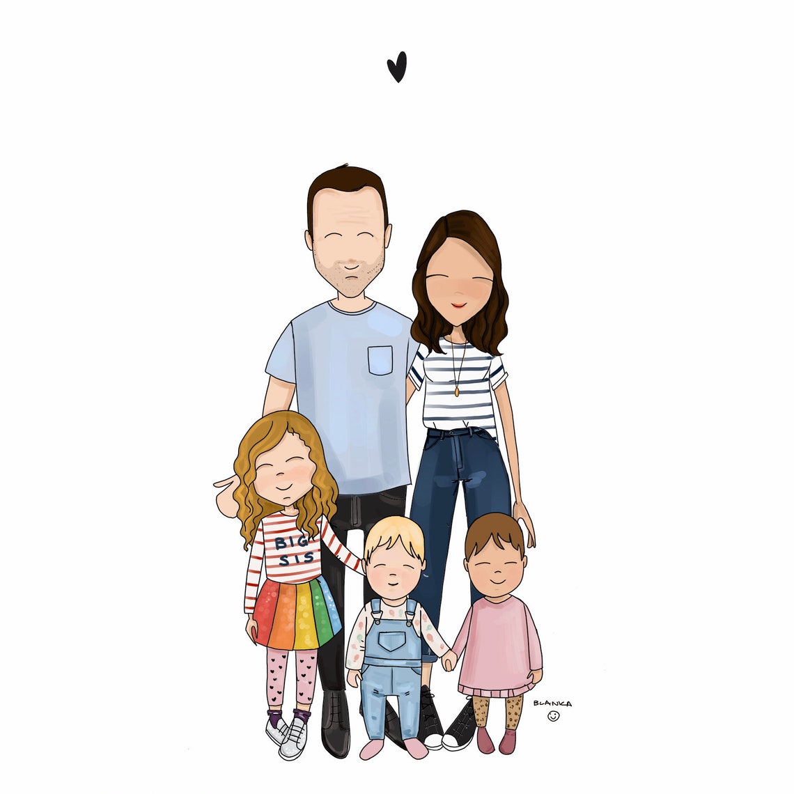Family Portrait 5 People Illustrated Family Portrait - Etsy