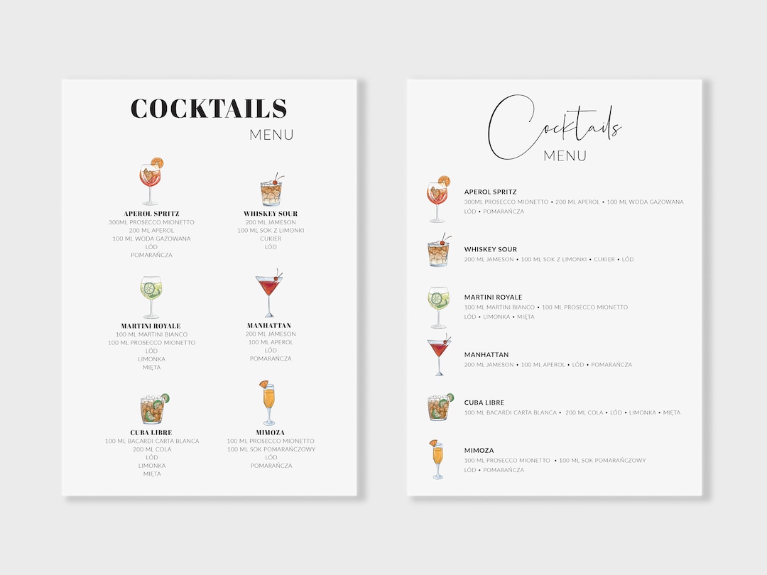Cocktail Menu With Illustrated Drinks, Custom Bar Signature Drinks ...