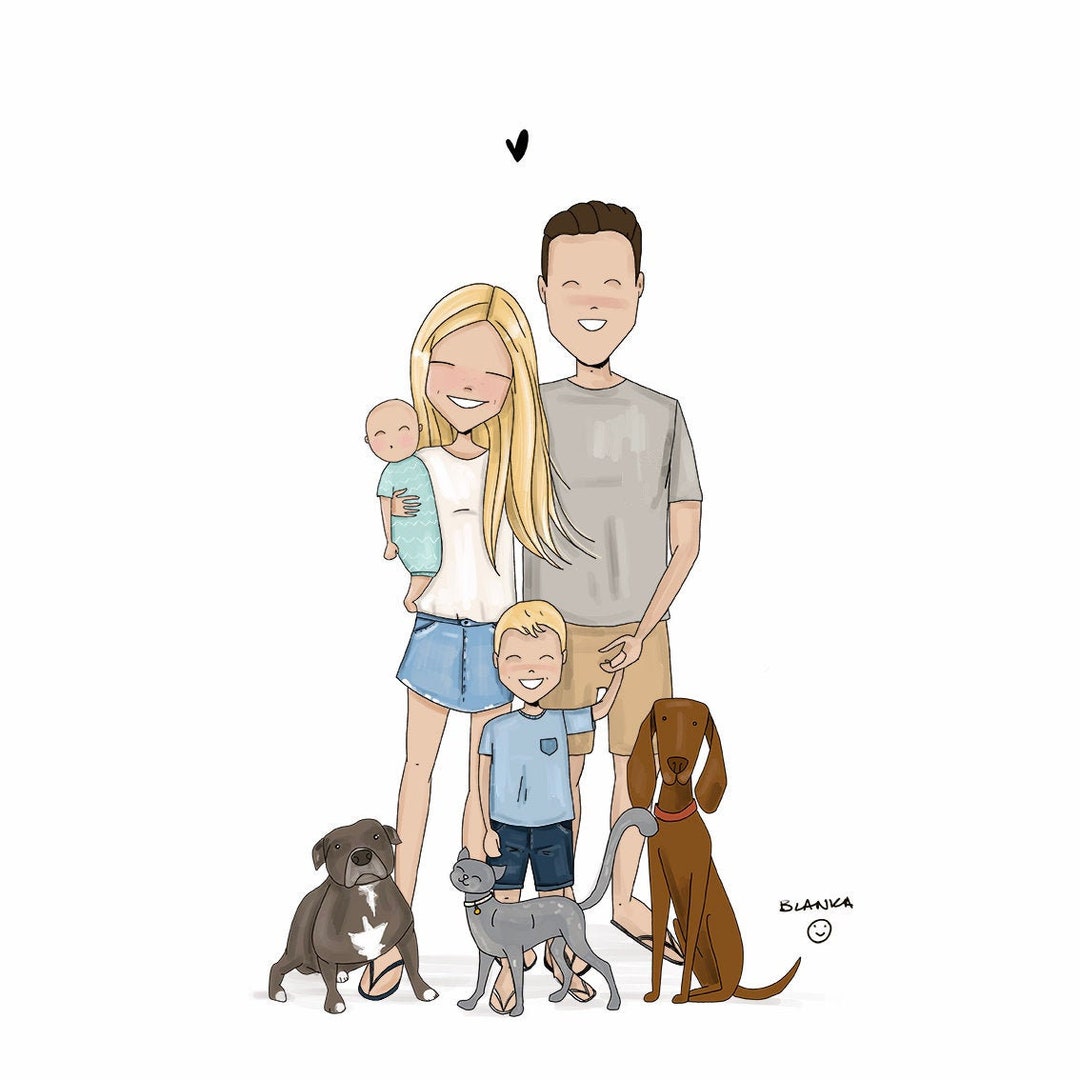 Family Portrait (4 People), Bespoke Illustration, Custom Portrait, Best ...