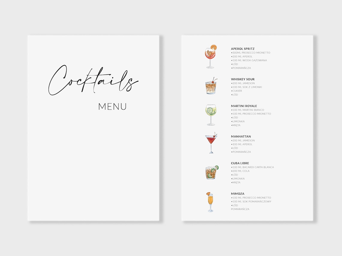 Cocktail Menu With Illustrated Drinks Custom Bar Signature - Etsy