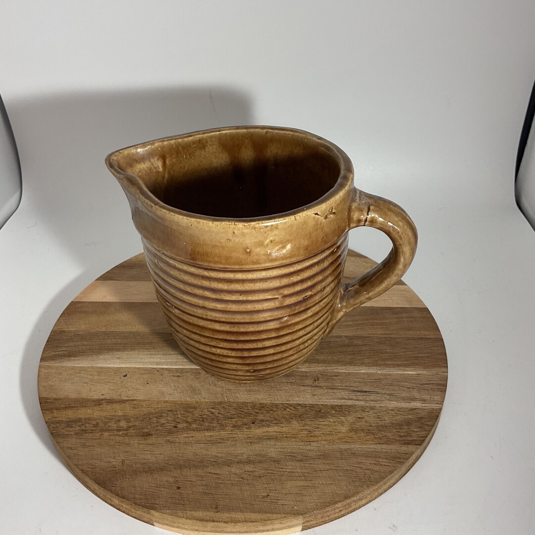Brown Pottery Pitcher USA for Batter 4.5” Ribbed Pattern - Etsy