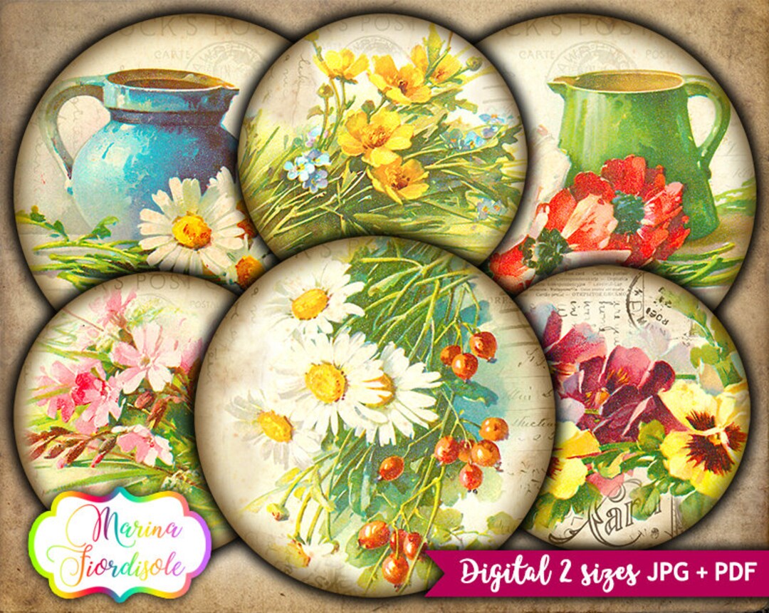 Digital Collage Sheets Vintage Flowers Printable Images Circle - Etsy