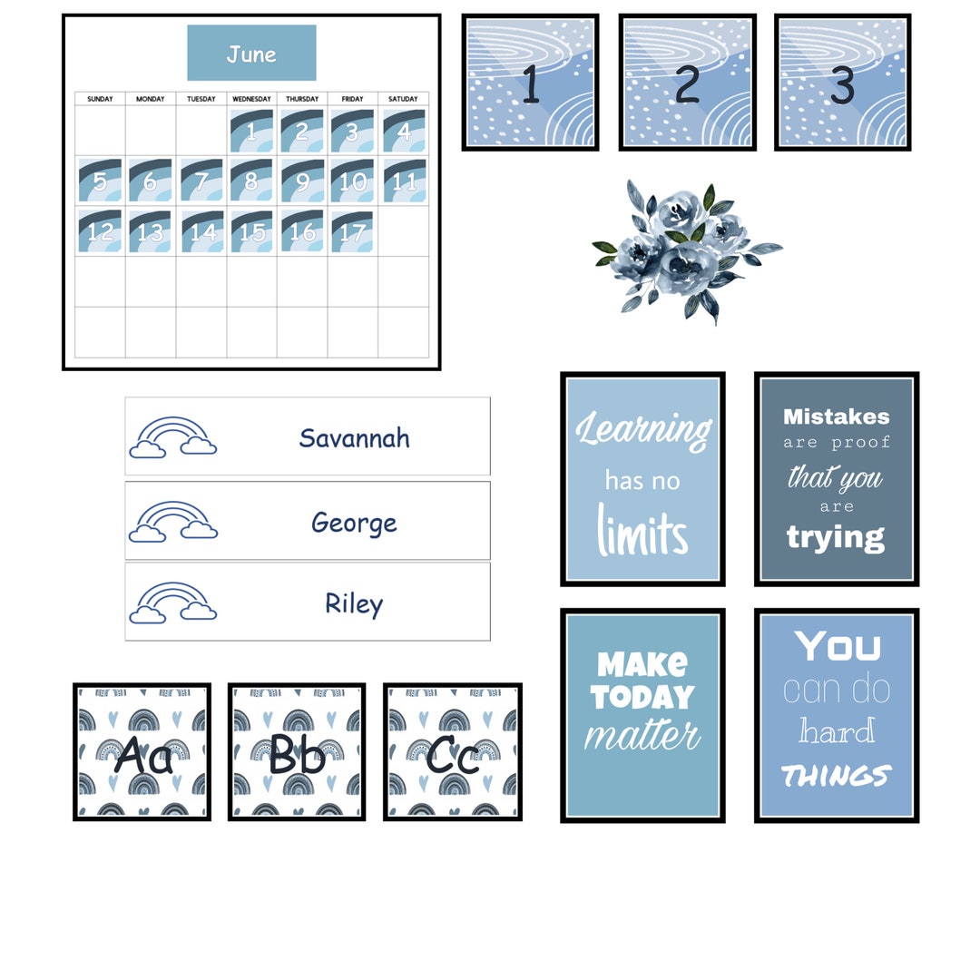 Blue Boho Classroom Decor Set Includes: Calendar Set - Etsy
