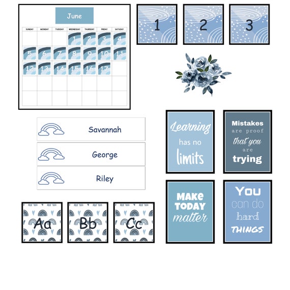 Blue Boho Classroom Decor Set Includes: calendar set | Etsy
