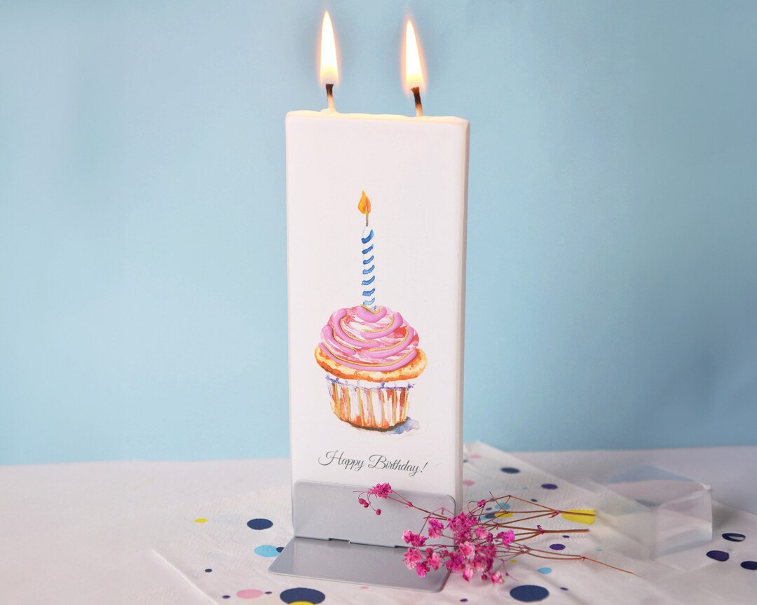 Happy Birthday Cupcake Candle – Flat Hand-painted Candle With Stand ...