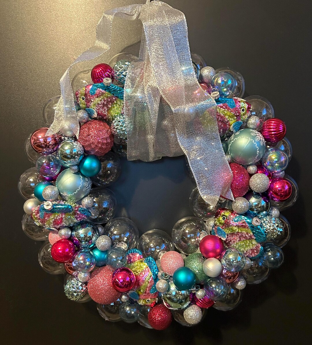 Fish Bulb Wreath: Pink Teal Baubles, Beach House Decor (18.5 Inch) - Etsy