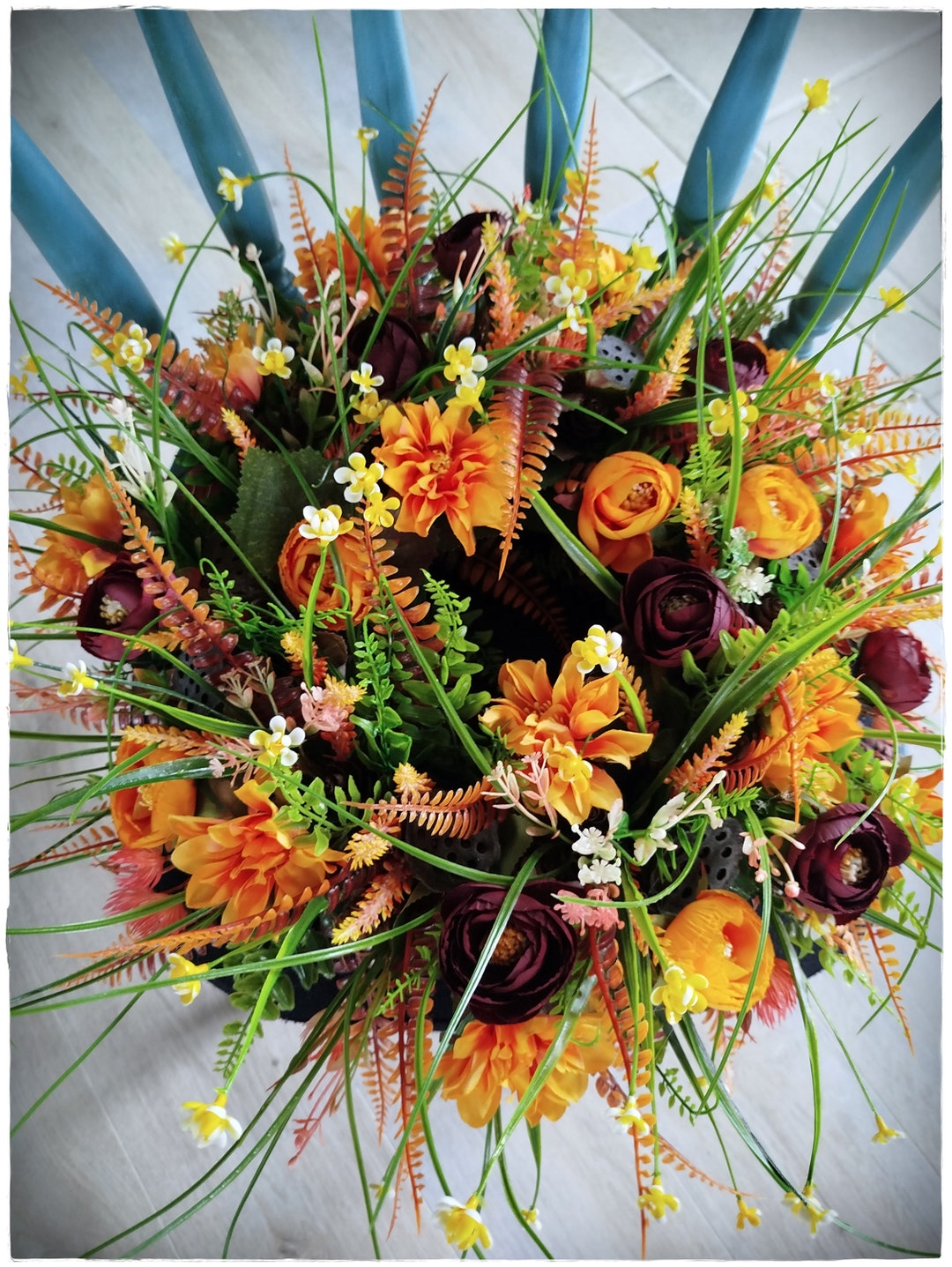 Fall Farmhouse Wreath: Orange, Brown Artificial Flowers & Pine Cones - Etsy