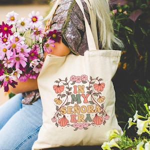 Retro Wildflower Señora Era Canvas Tote Bag, 70s Retro Style Tote Bag ...