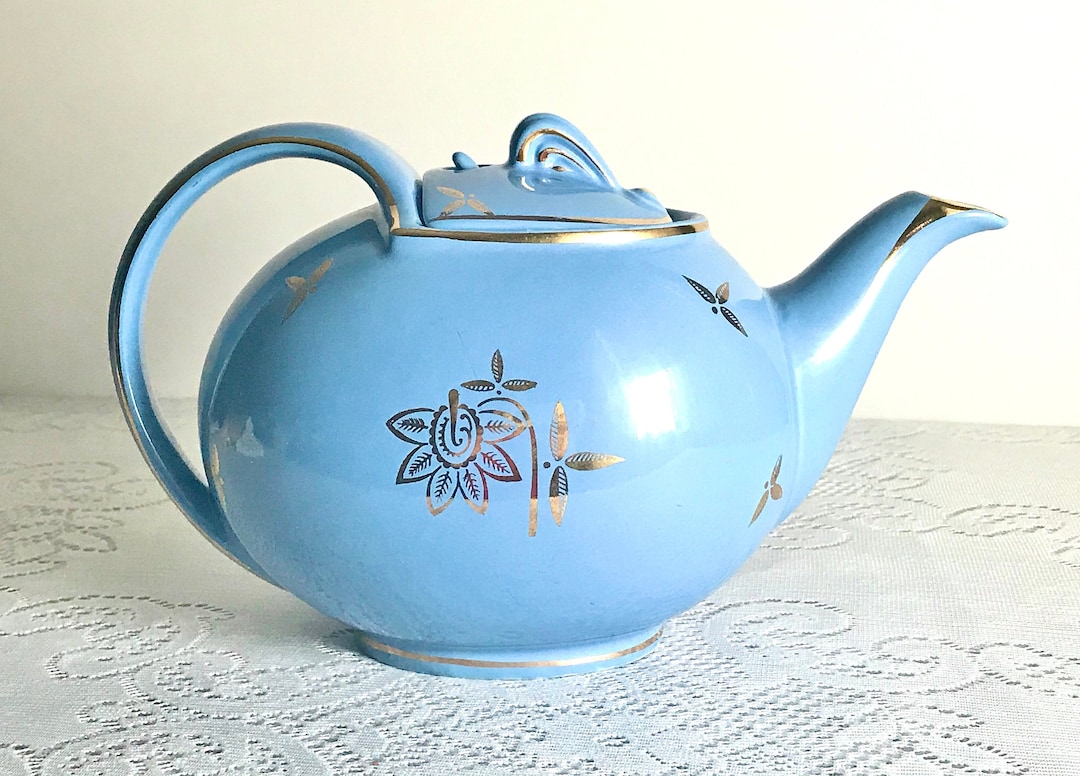 Hall Blue Teapot, Gold Flowers Leaves & Trim, Unique Hook Lid and ...