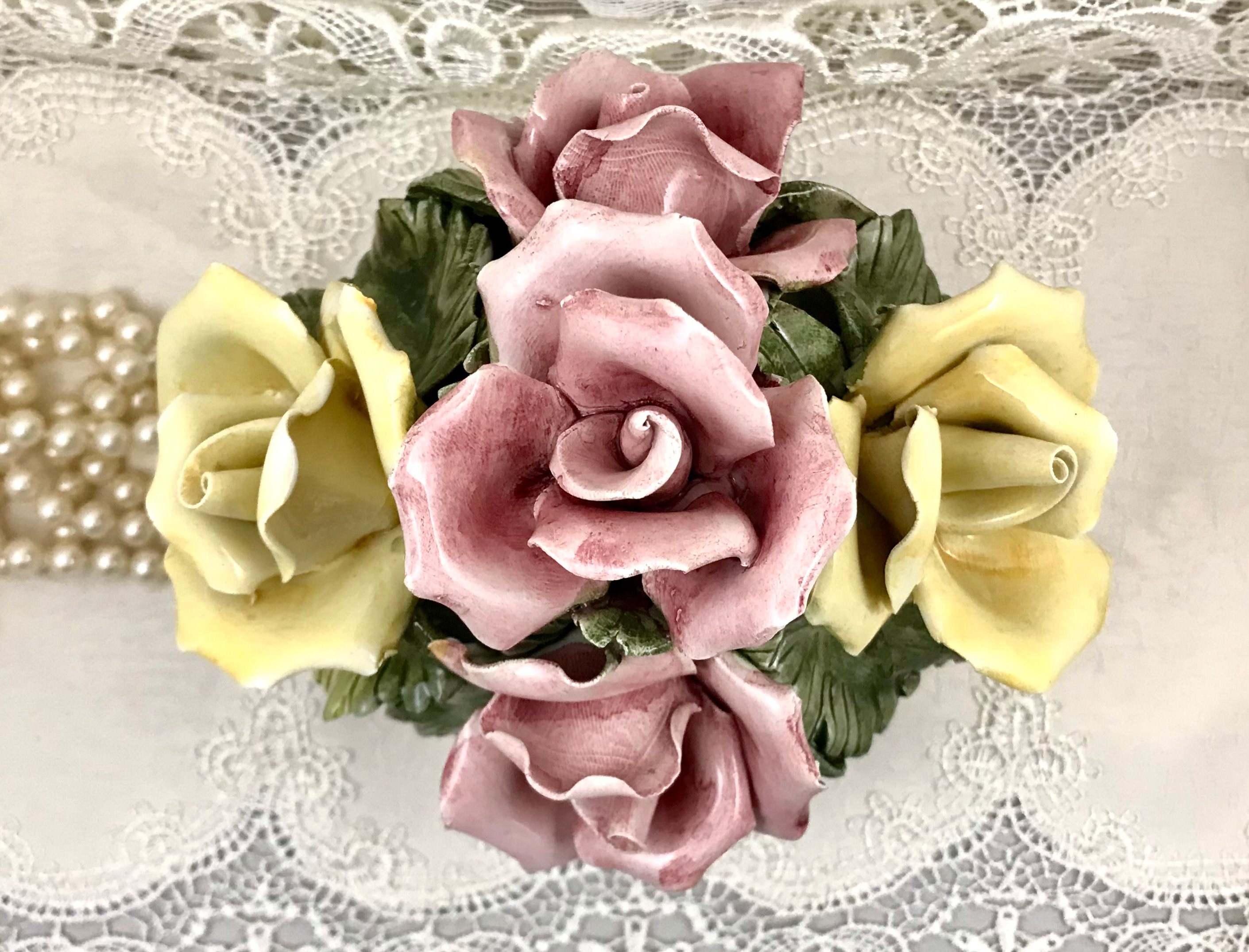 Capodimonte Roses Sculpture Hand-painted Pink & Yellow Roses - Etsy