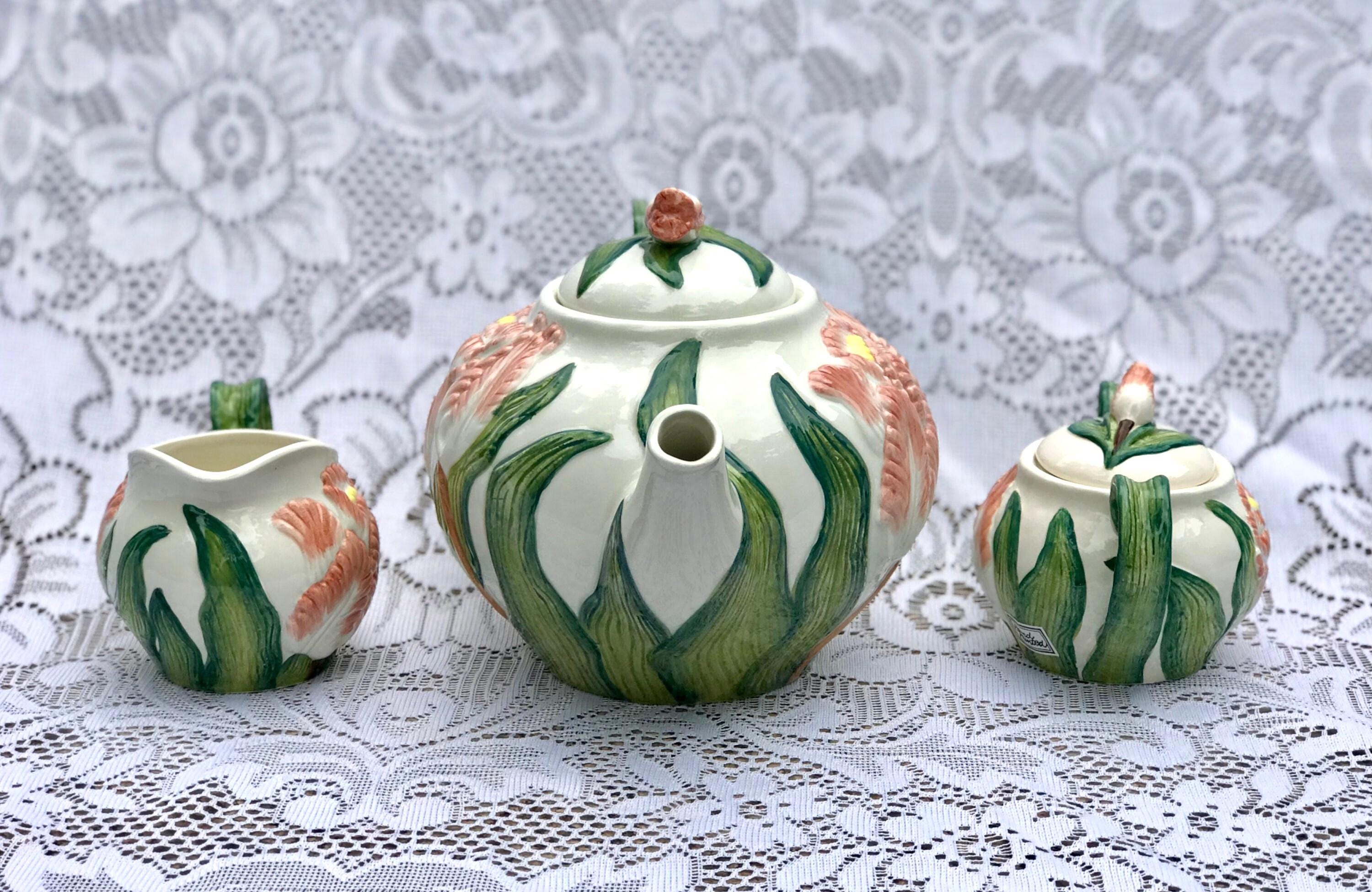 Pink Tulips Teapot Set by Fitz & Floyd, Hand-painted Tulips and Green ...